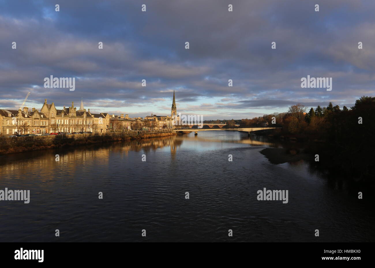 Perth waterfront reflected in River Tay Scotland January 2017 Stock ...