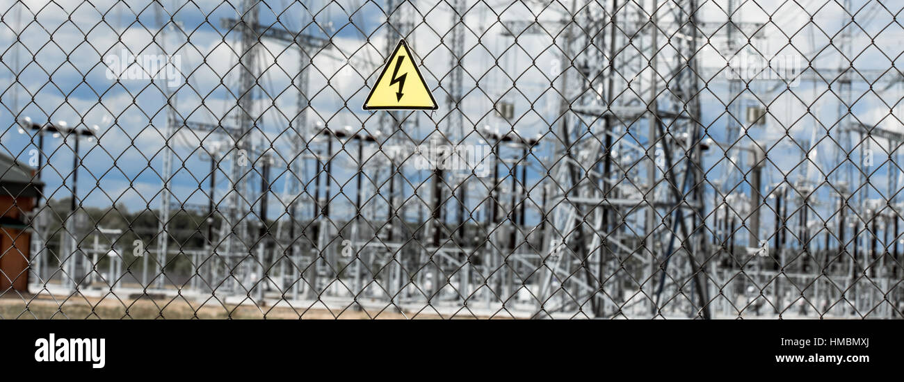 high voltage warning sign on high-voltage substation Stock Photo - Alamy