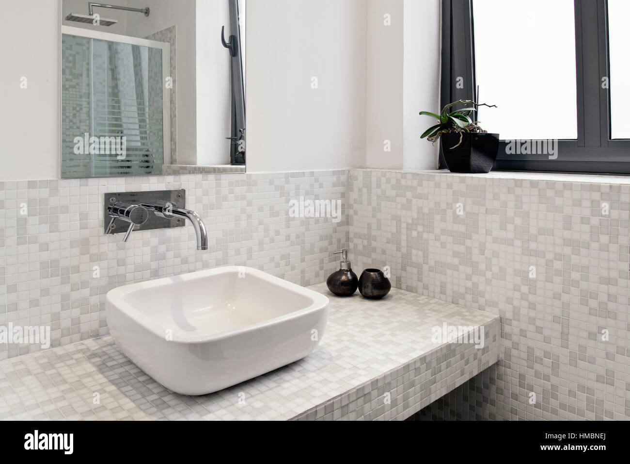 Modern Bathroom Sink Basin With Window Stock Photo - Alamy