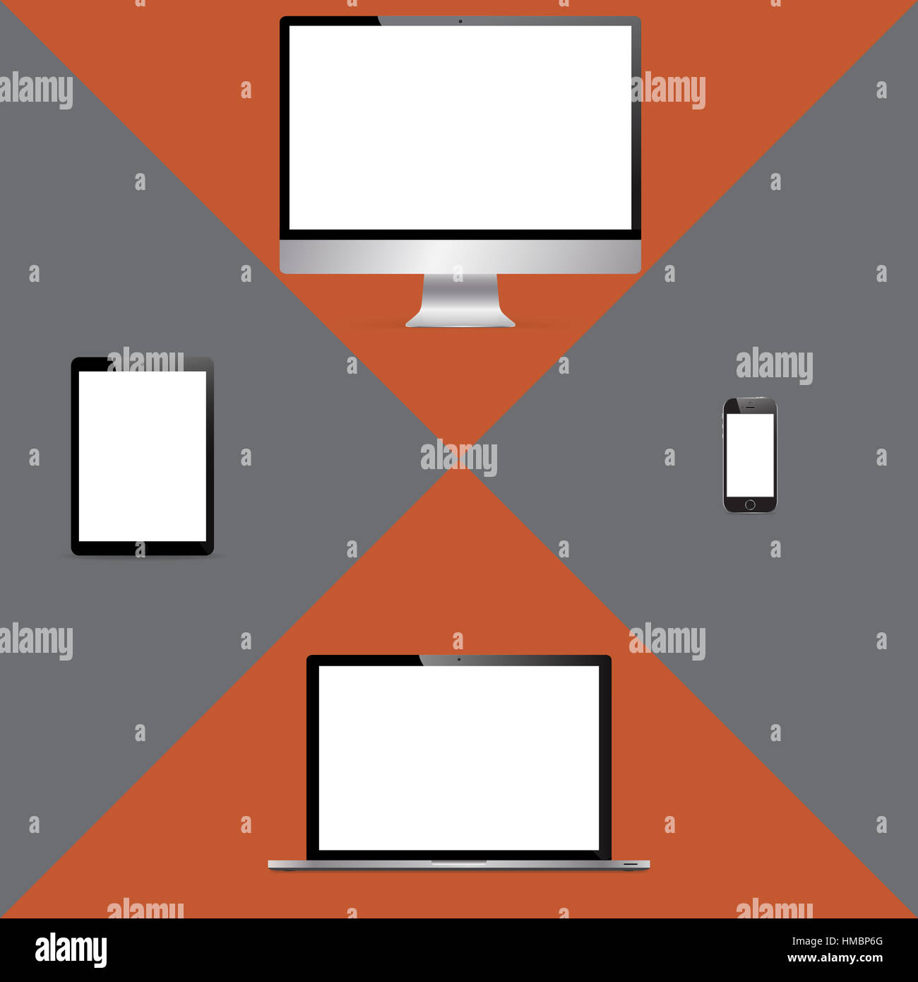 A selection of realistic computers on an orange and grey background ...