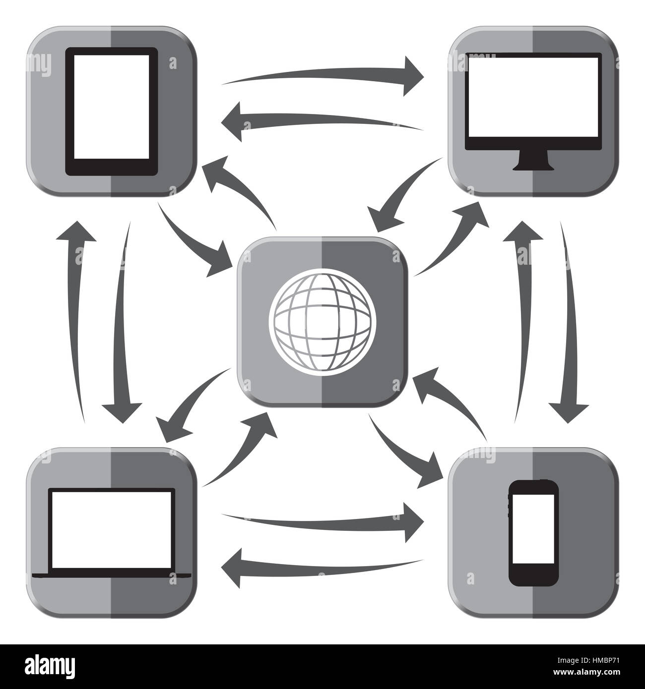 Electronic device grey icons connected to the web and each other ...