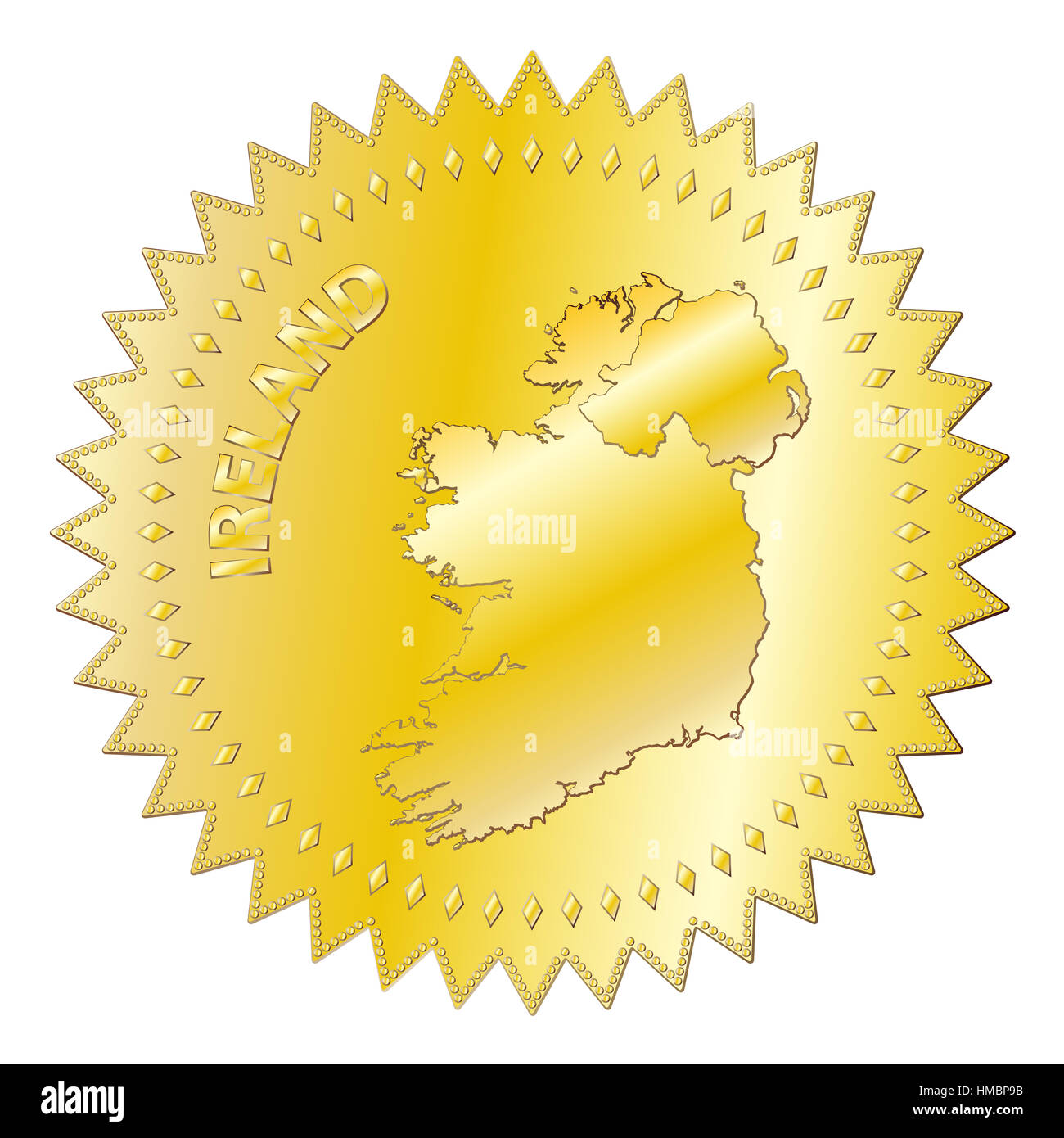A textured Ireland gold seal of approval badge isolated on a white ...