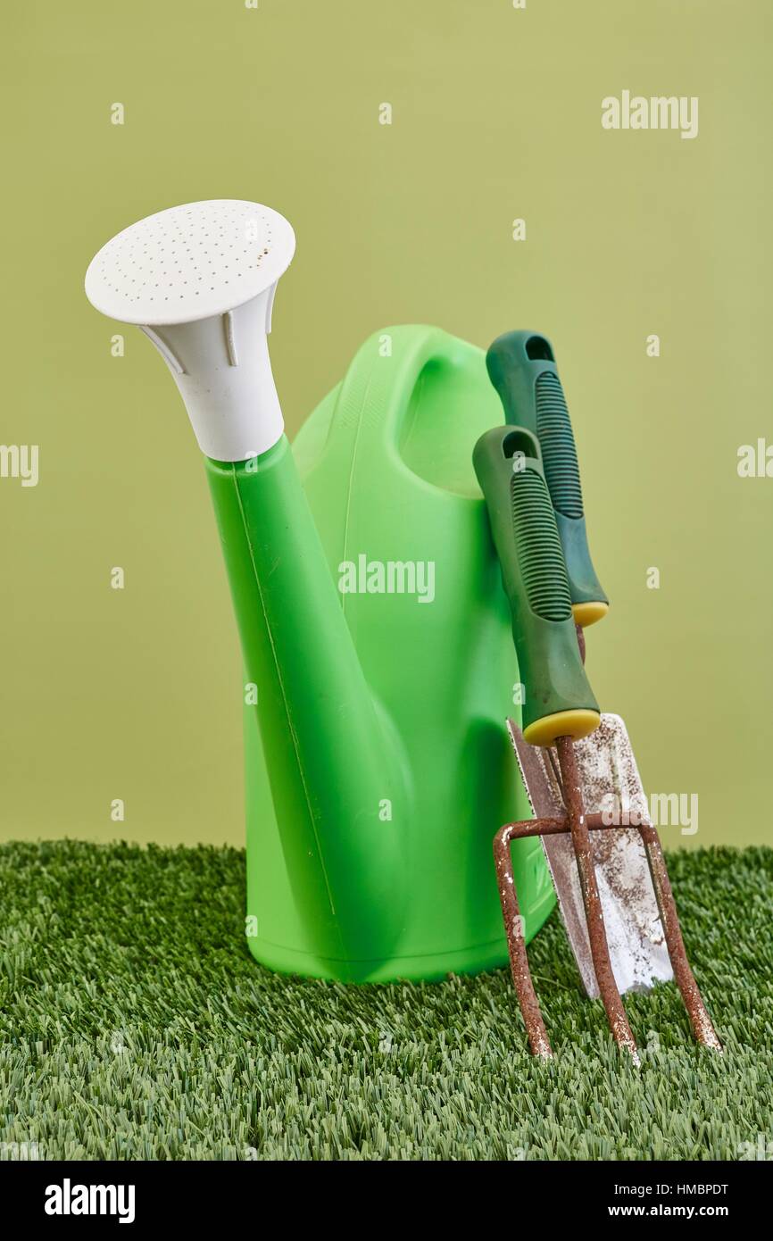A studio photo of a garden equipment of artificial turf Stock Photo - Alamy