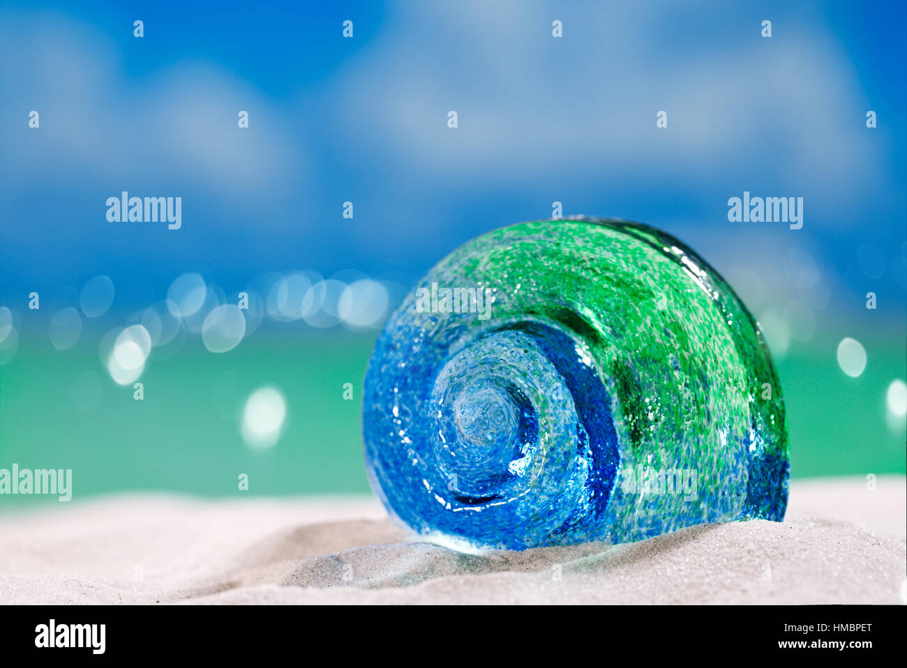 glass tropical sea shell on white beach sand under the sun light ...