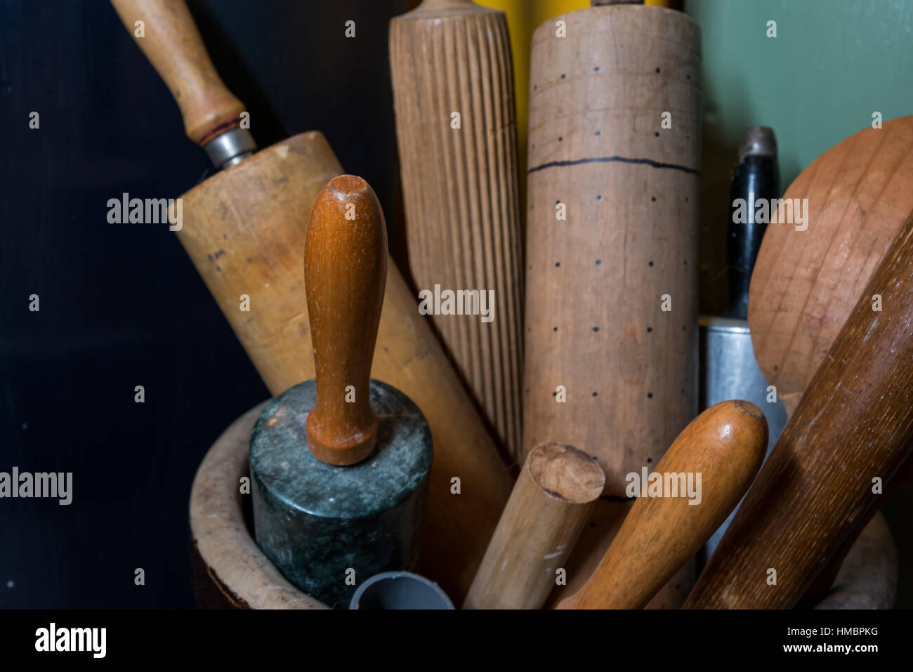 Crock of Rolling Pins in a variety of vintage styles Stock Photo - Alamy
