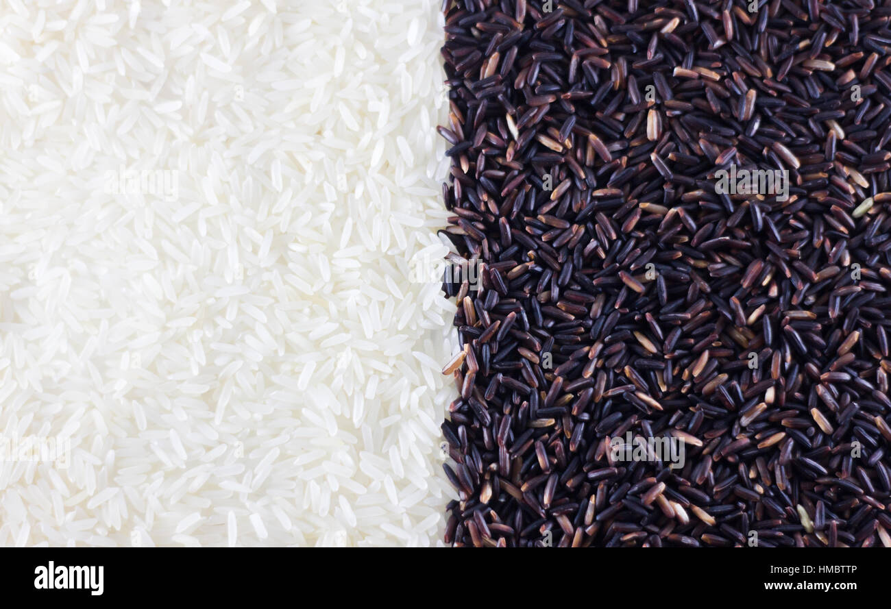 Closeup Thai jasmine rice and riceberry rice for background Stock Photo ...