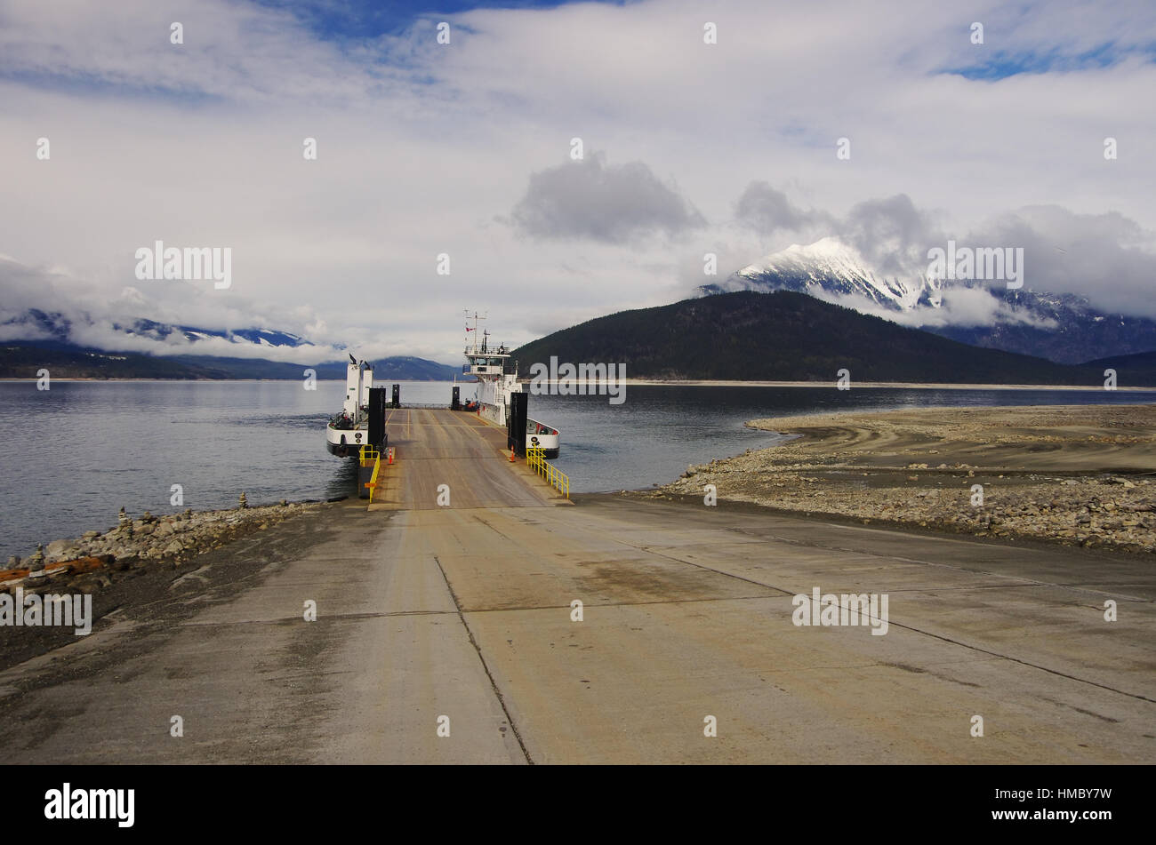 Ferry boat approaching Shelter bay dock, Arrow Lake. Canada Stock Photo ...