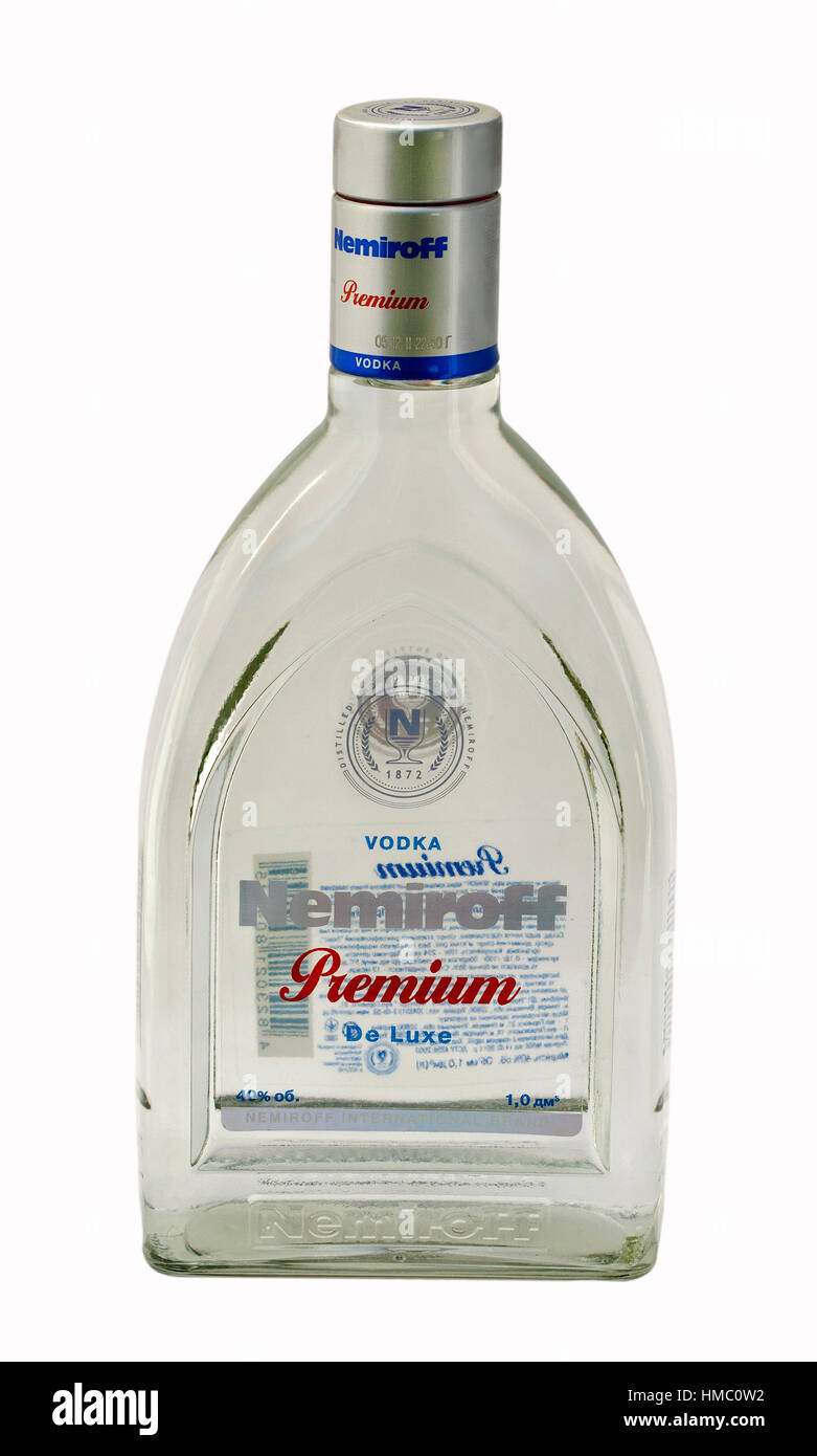 KIEV, UKRAINE - APRIL 30, 2012: Nemiroff Premium De Luxe vodka bottle ...