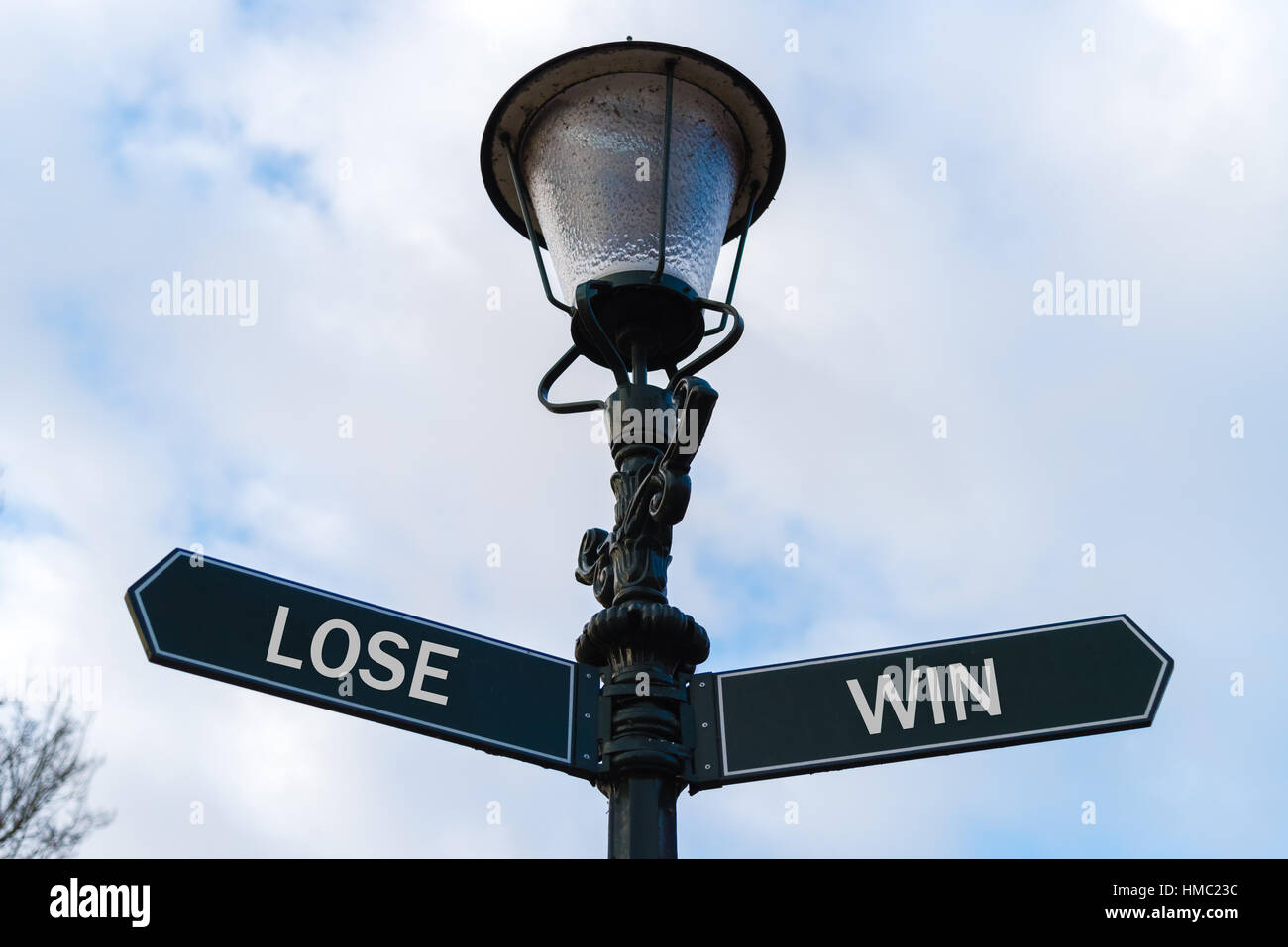 Street lighting pole with two opposite directional arrows over blue ...