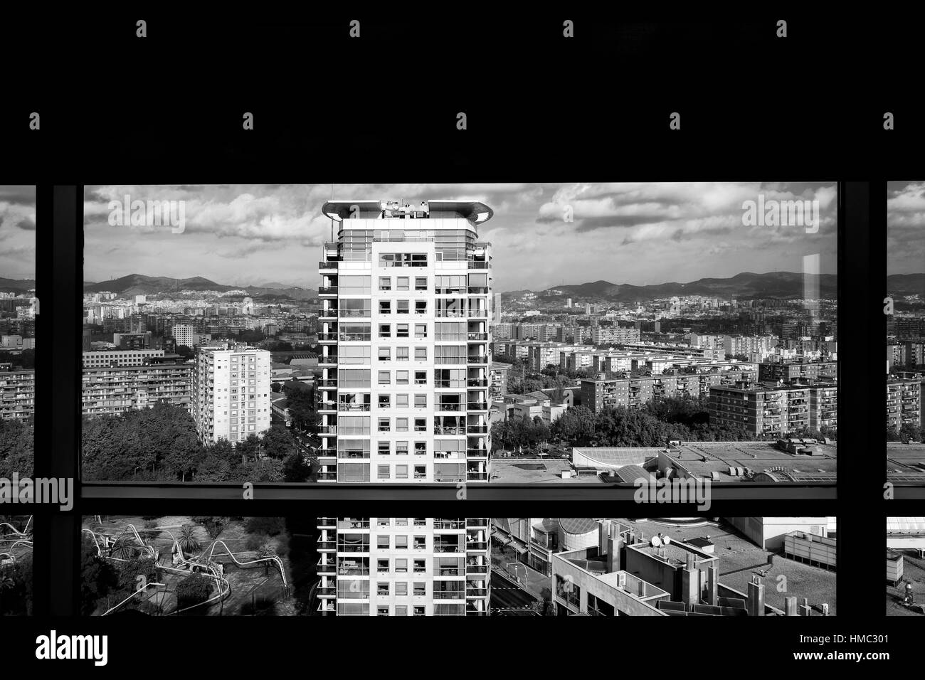 View of a residential building through a window in Diagonal Mar ...