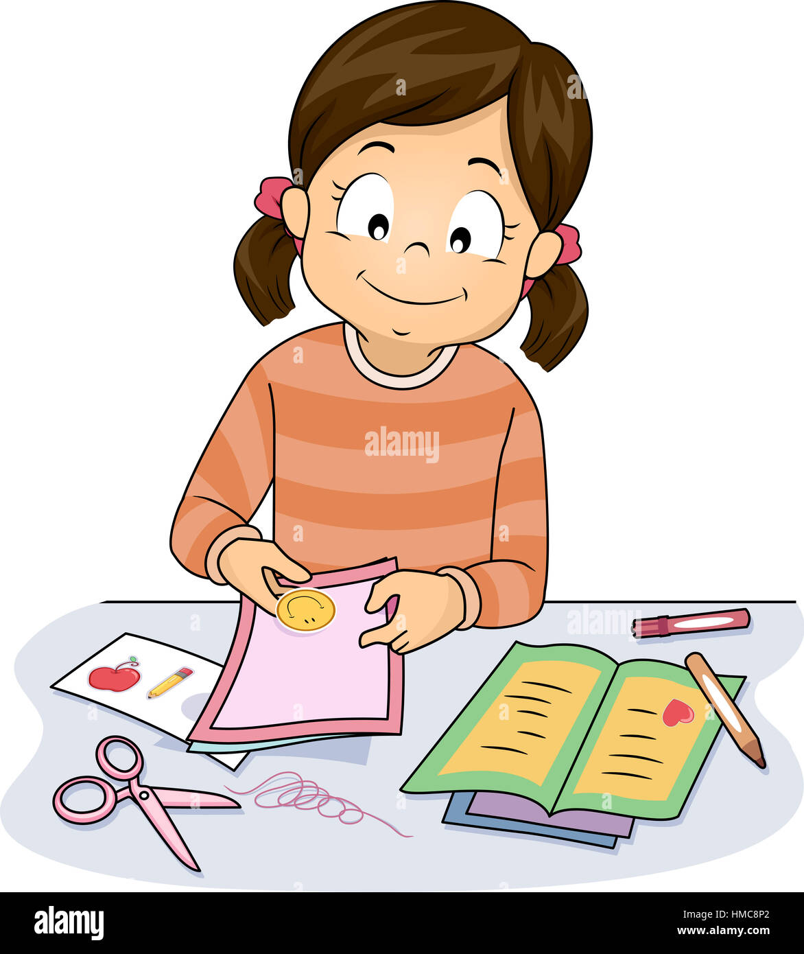 Illustration Of A Little Girl Making Homemade Greeting Cards Stock