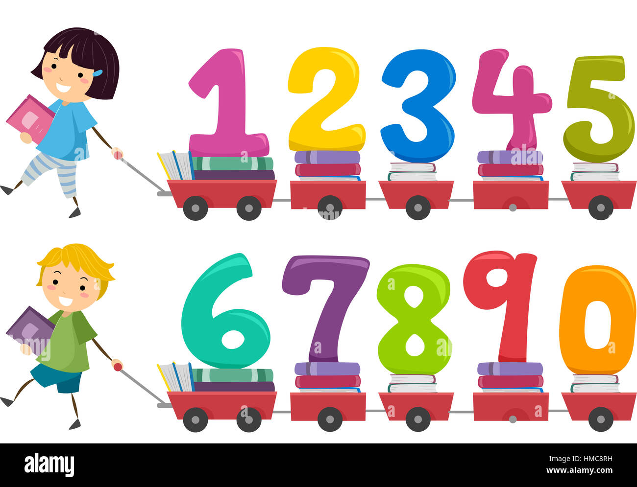 Stickman Illustration of Kids Pulling a Cart Carrying Numbers Stock ...