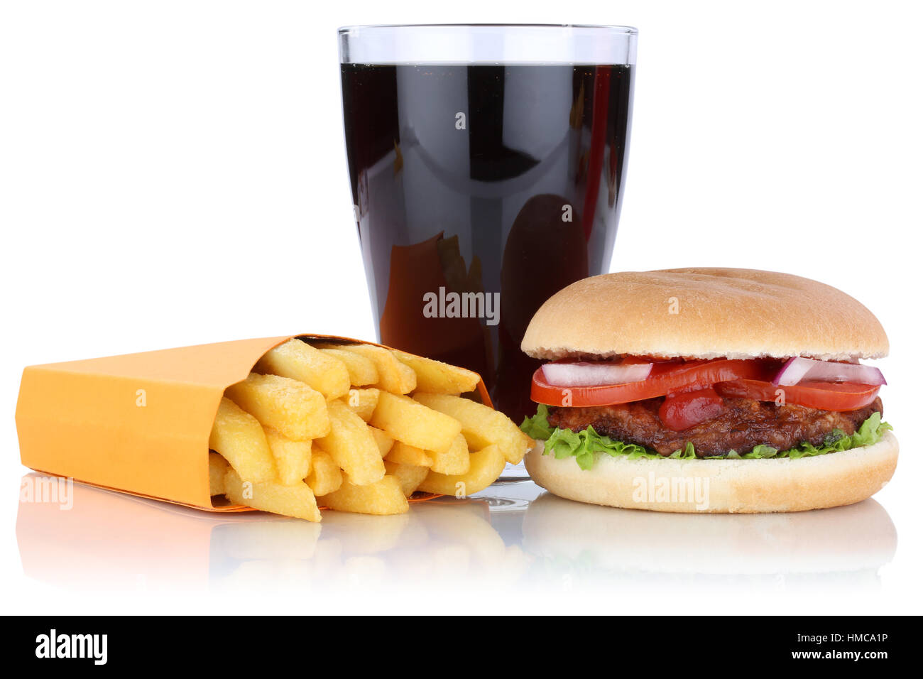 Hamburger and fries menu meal combo cola drink isolated on a white ...