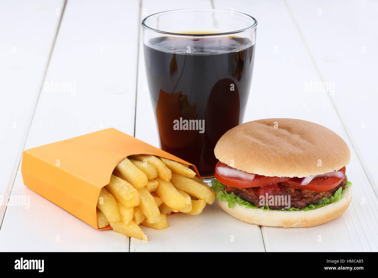 Hamburger and fries menu meal combo cola drink Stock Photo - Alamy