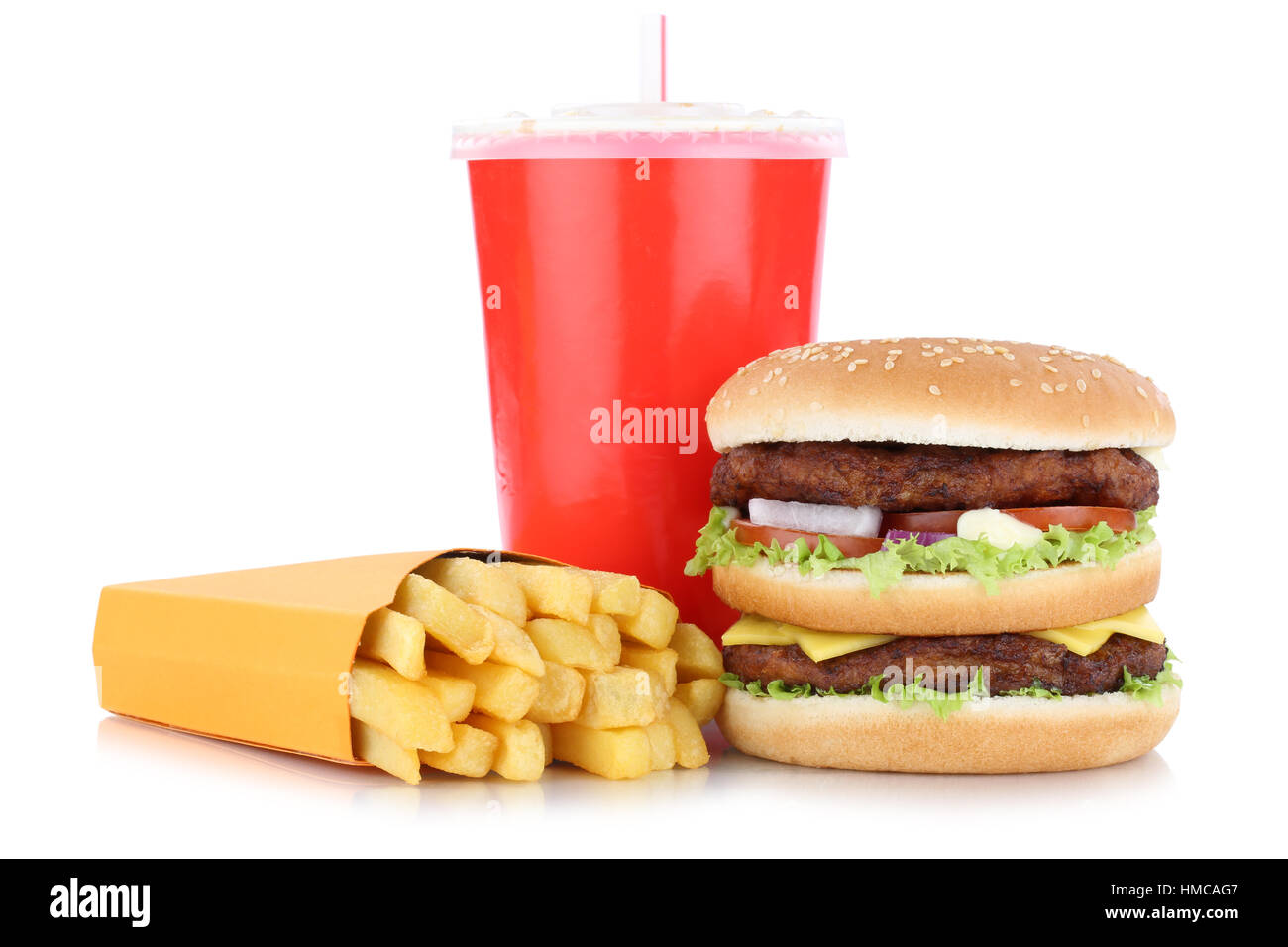 Double burger hamburger and fries menu meal combo drink isolated on a ...