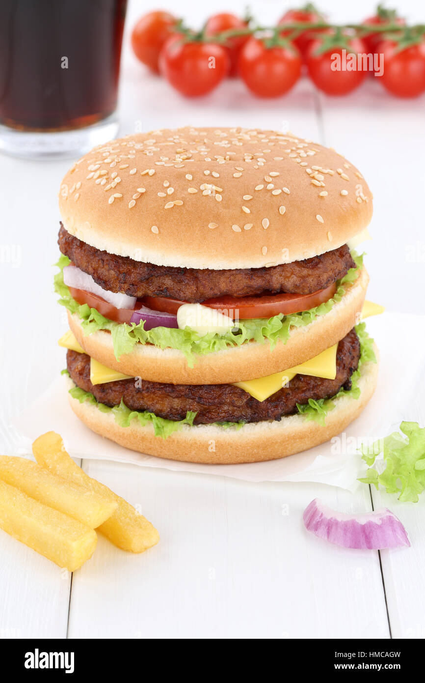 Double burger hamburger menu meal cola drink fast food Stock Photo - Alamy