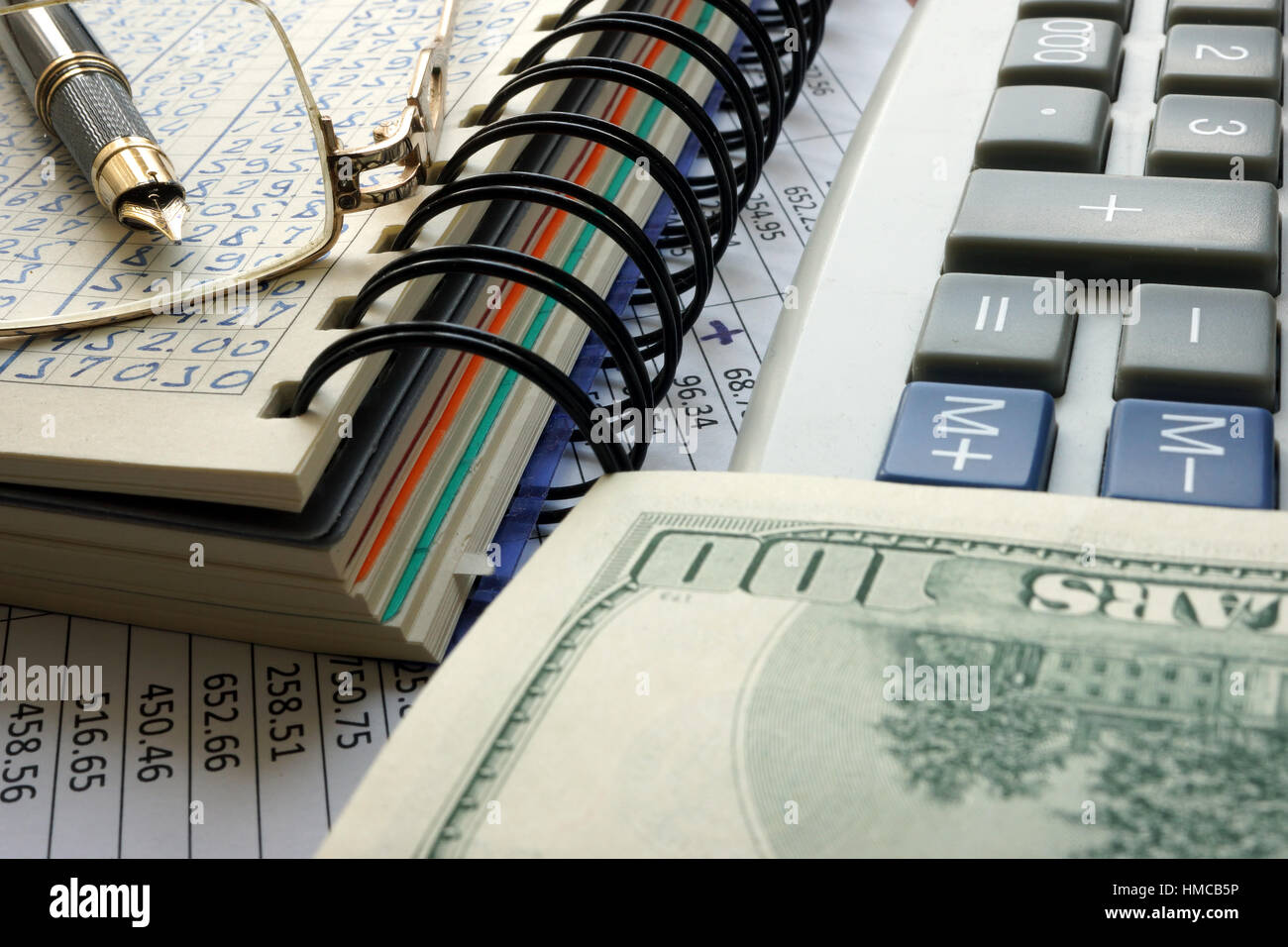 Note with data, calculator and cash. Financial accounting concept Stock ...