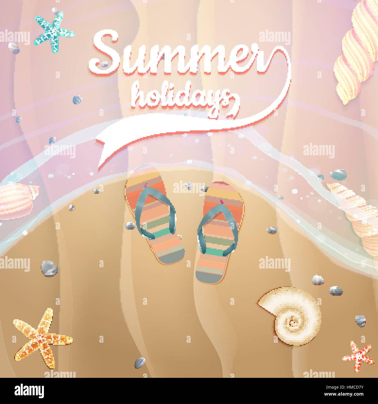 Sea shells, starfish on the beach. Summer holidays. plus EPS10 vector ...