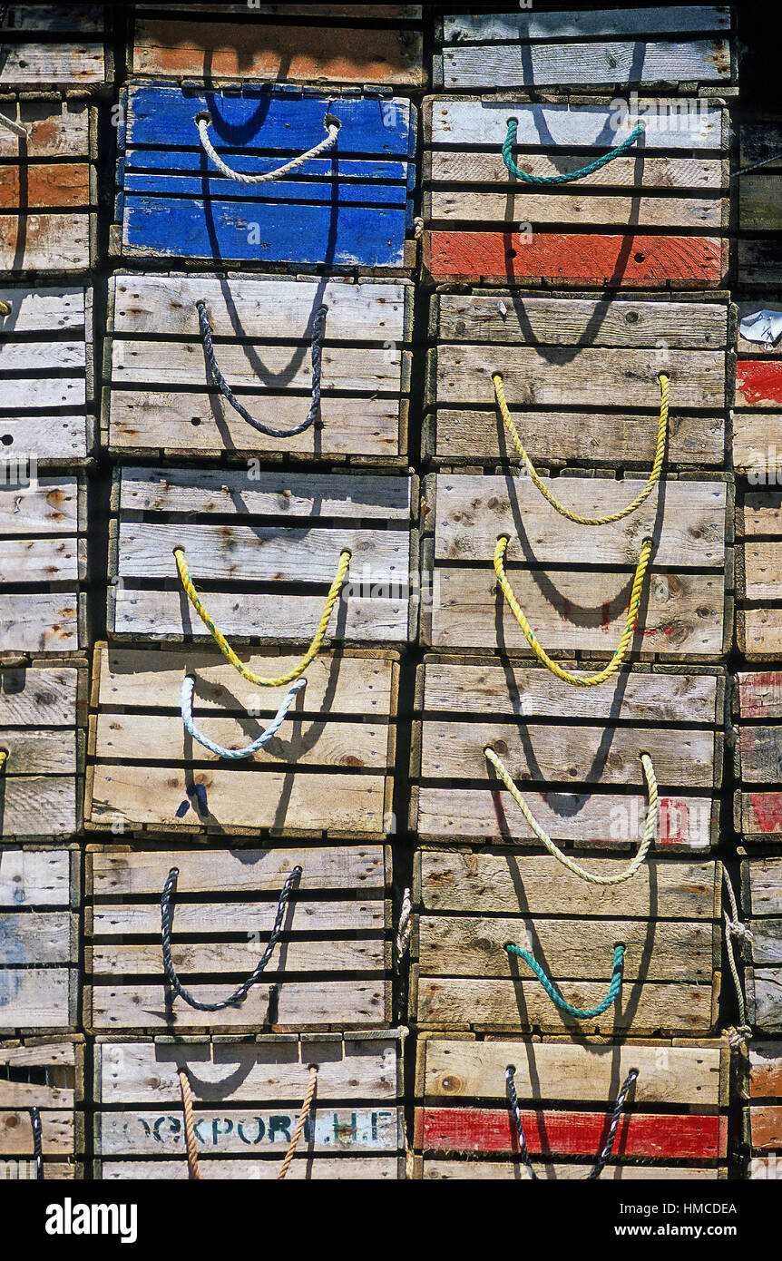 Rows of wooden fish boxes with rope handles are stacked on top of each ...
