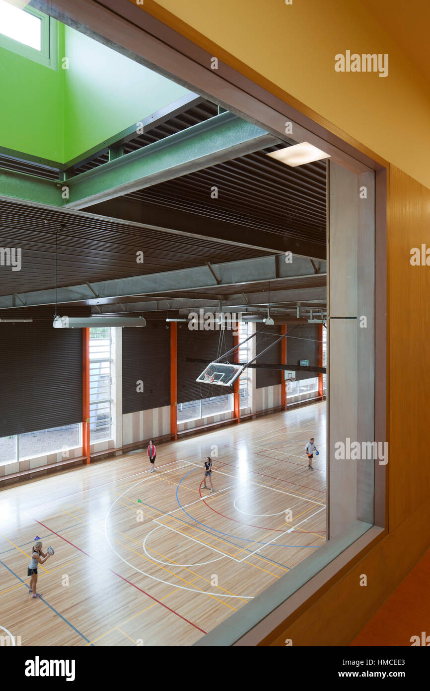 View of multi-purpose stadium from third floor hallway internal window ...