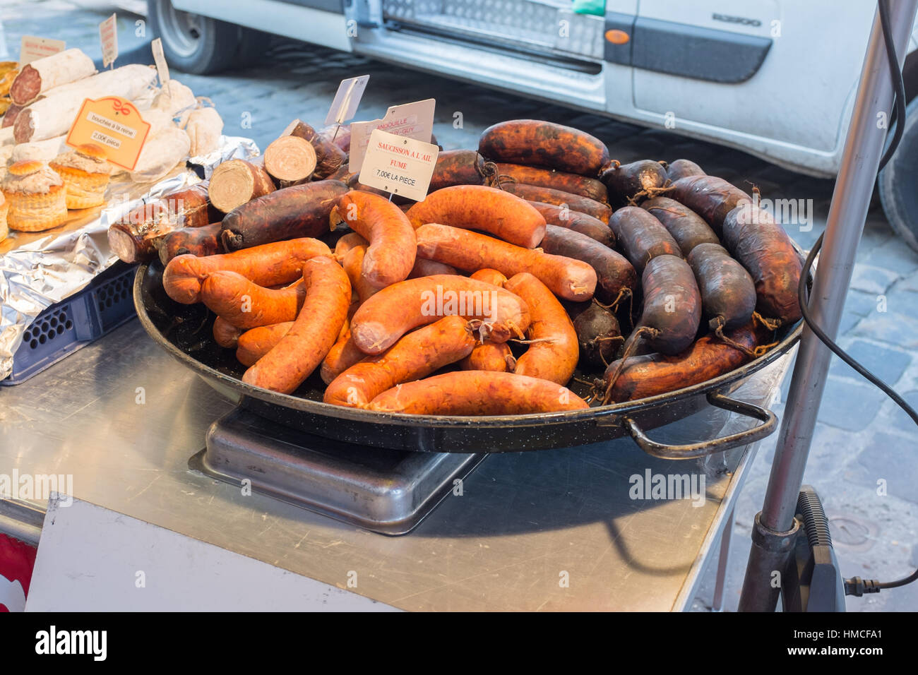 Display of saucisson for sale at a food market in the french town of ...