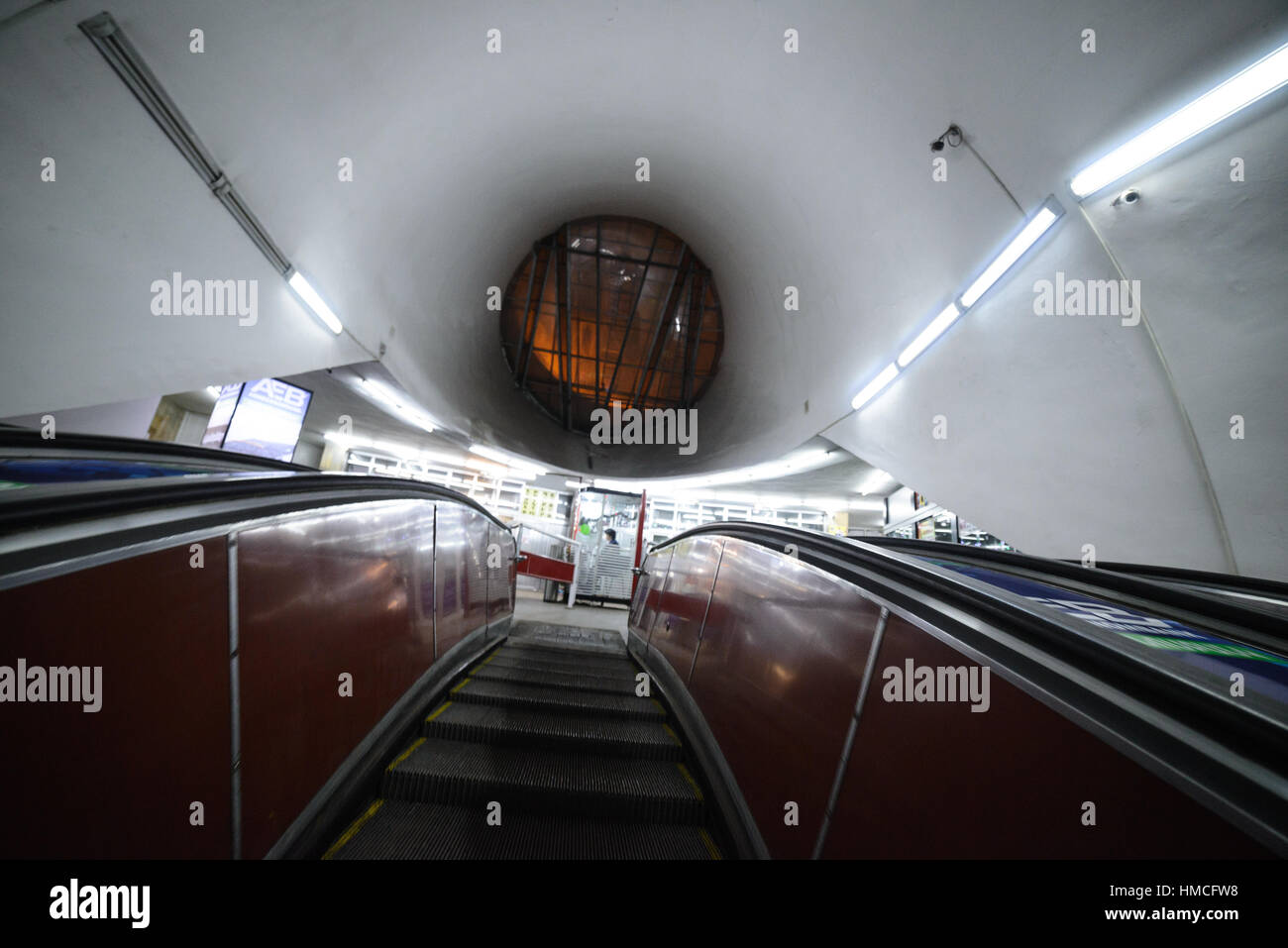 Yerevan metro station Yeritasardakan interior, moving staircase Stock ...