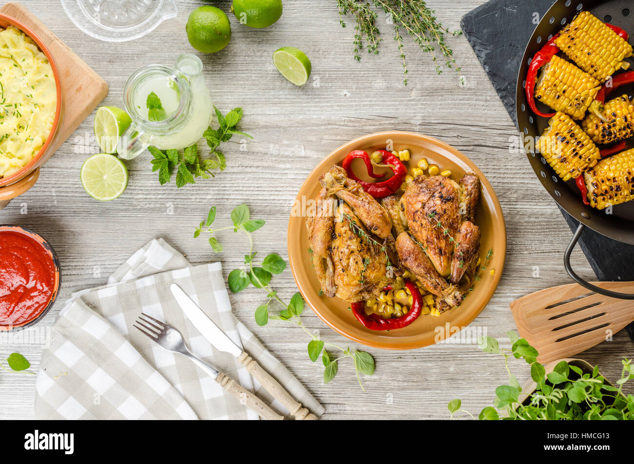 Roasted French baby Chicken - Coquelet, with hebs and grilled corn ...