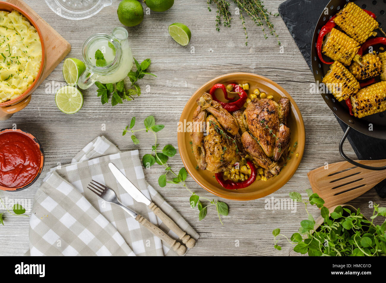 Roasted French baby Chicken - Coquelet, with hebs and grilled corn ...
