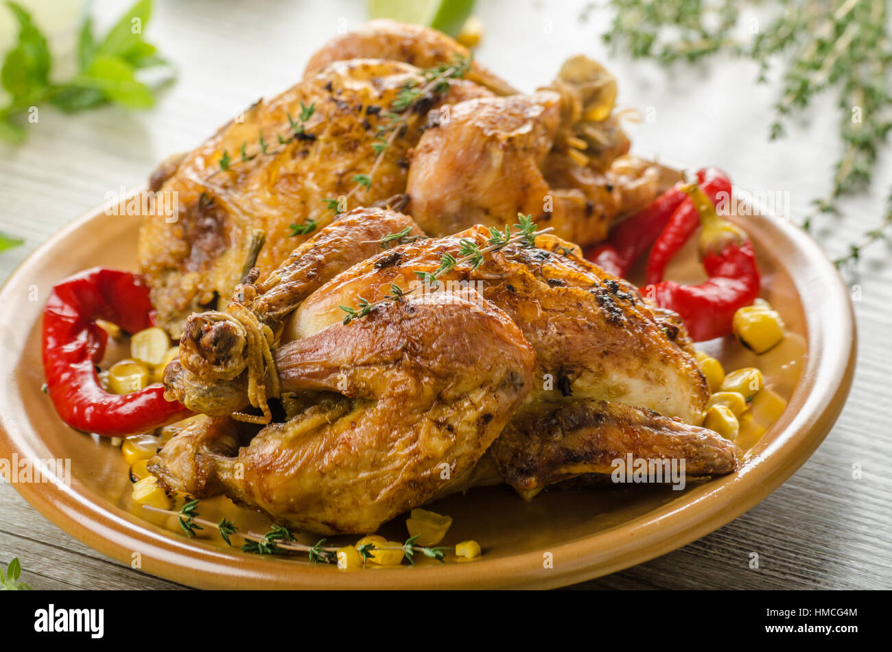 Roasted French baby Chicken - Coquelet, with hebs and grilled corn ...