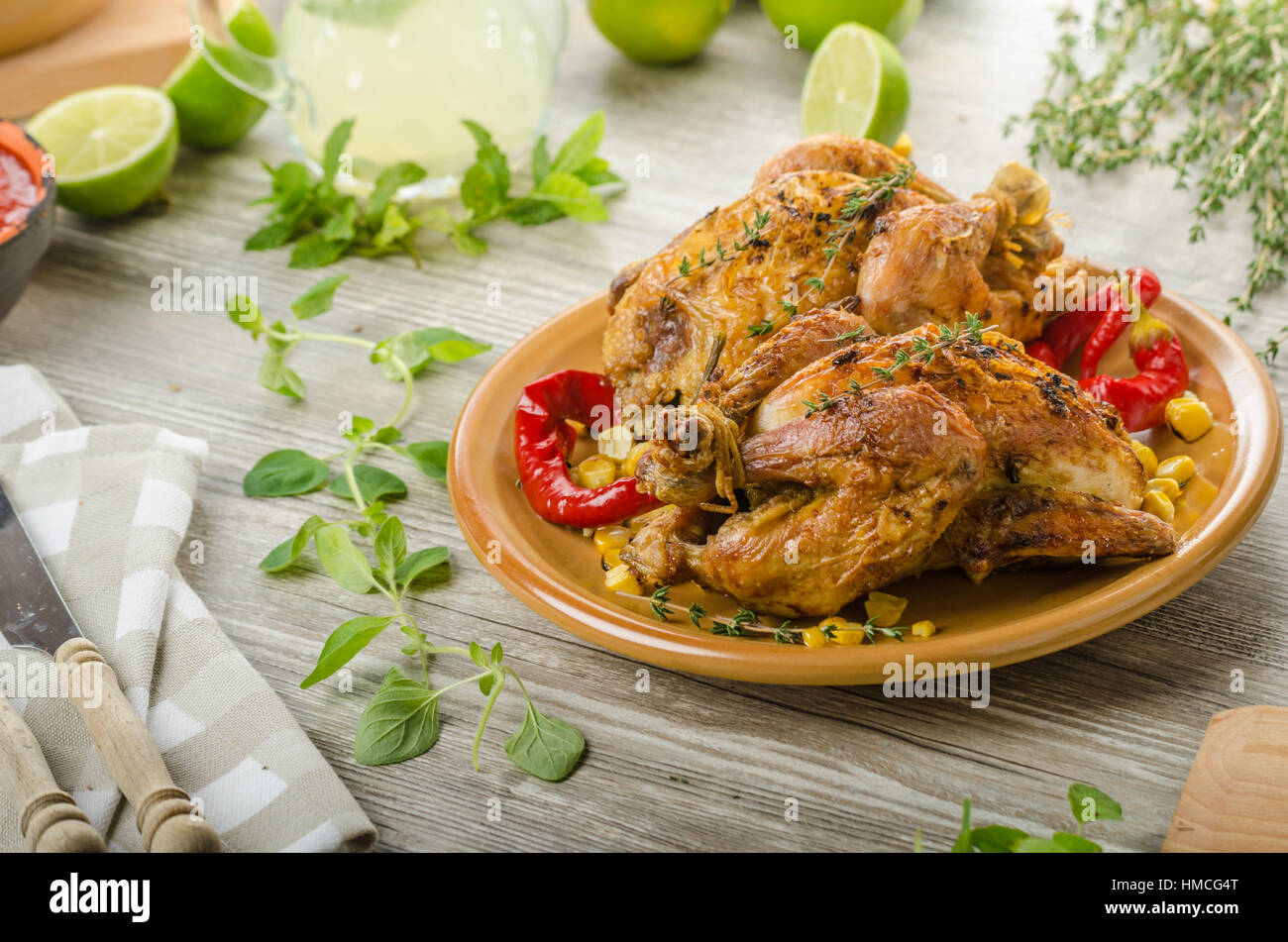 Roasted French baby Chicken - Coquelet, with hebs and grilled corn ...