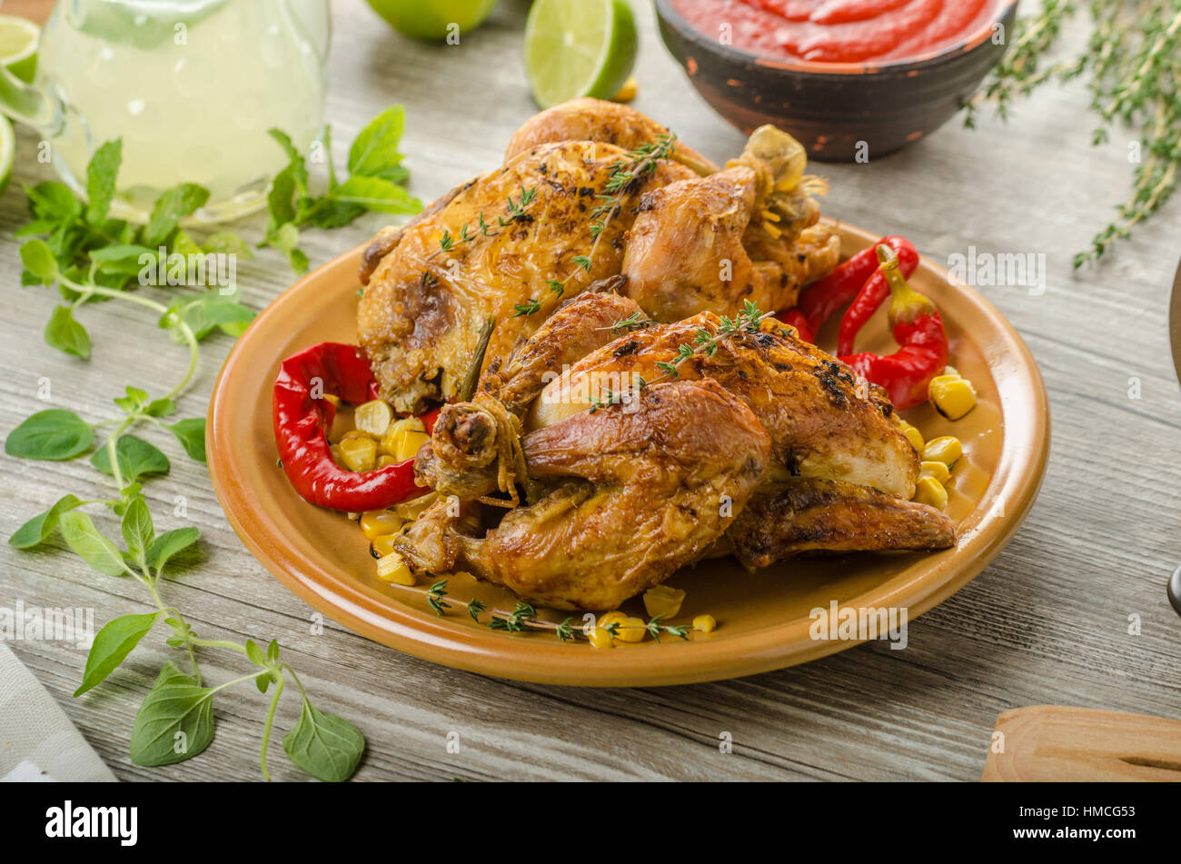 Roasted French baby Chicken - Coquelet, with hebs and grilled corn ...