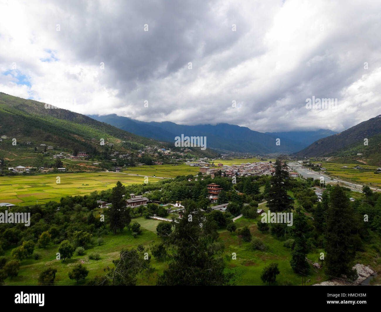 Bhutan paro Thimphu area landscape Panorama with clouds hills and ...