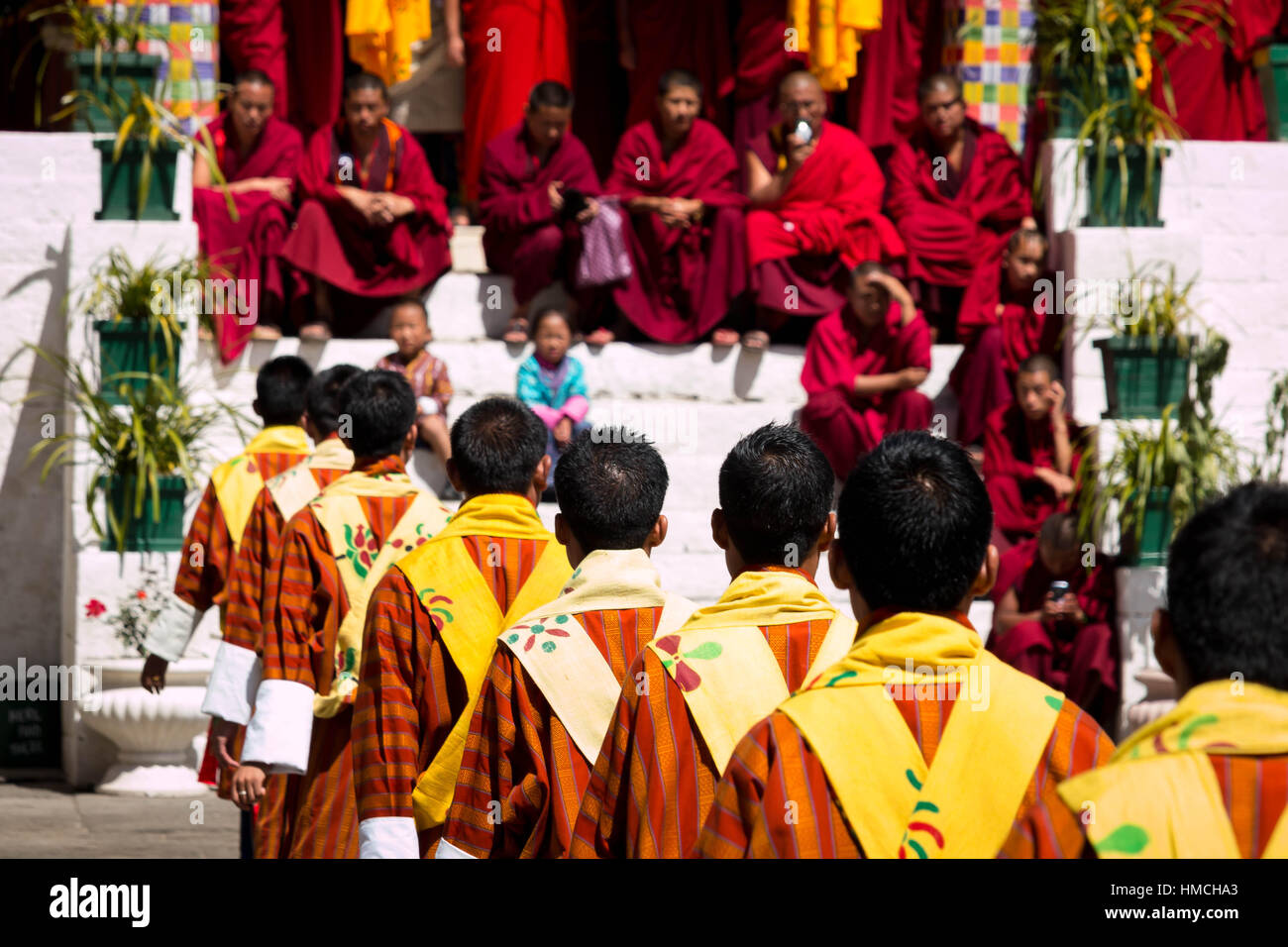 Bhutan Festival with dancers in costumes and masks celebration Stock ...