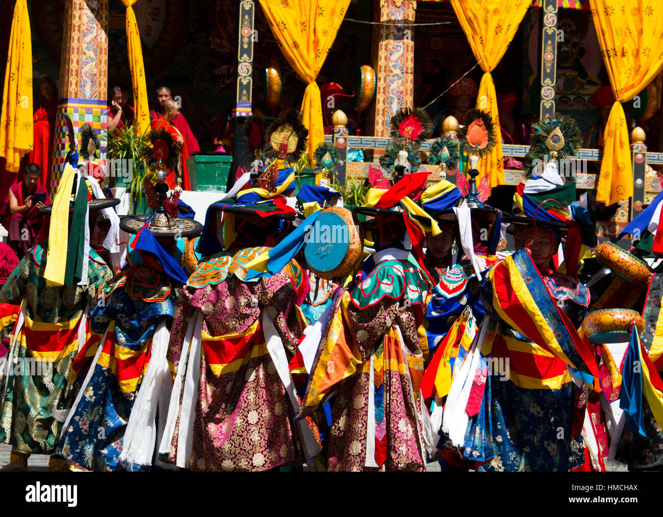 Bhutan Festival with dancers in costumes and masks celebration Stock ...