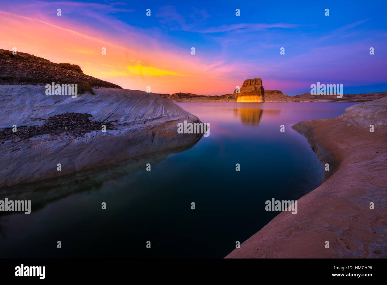 Lone Rock Beach at Sunset Calm Lake Powell Utah United States Stock ...