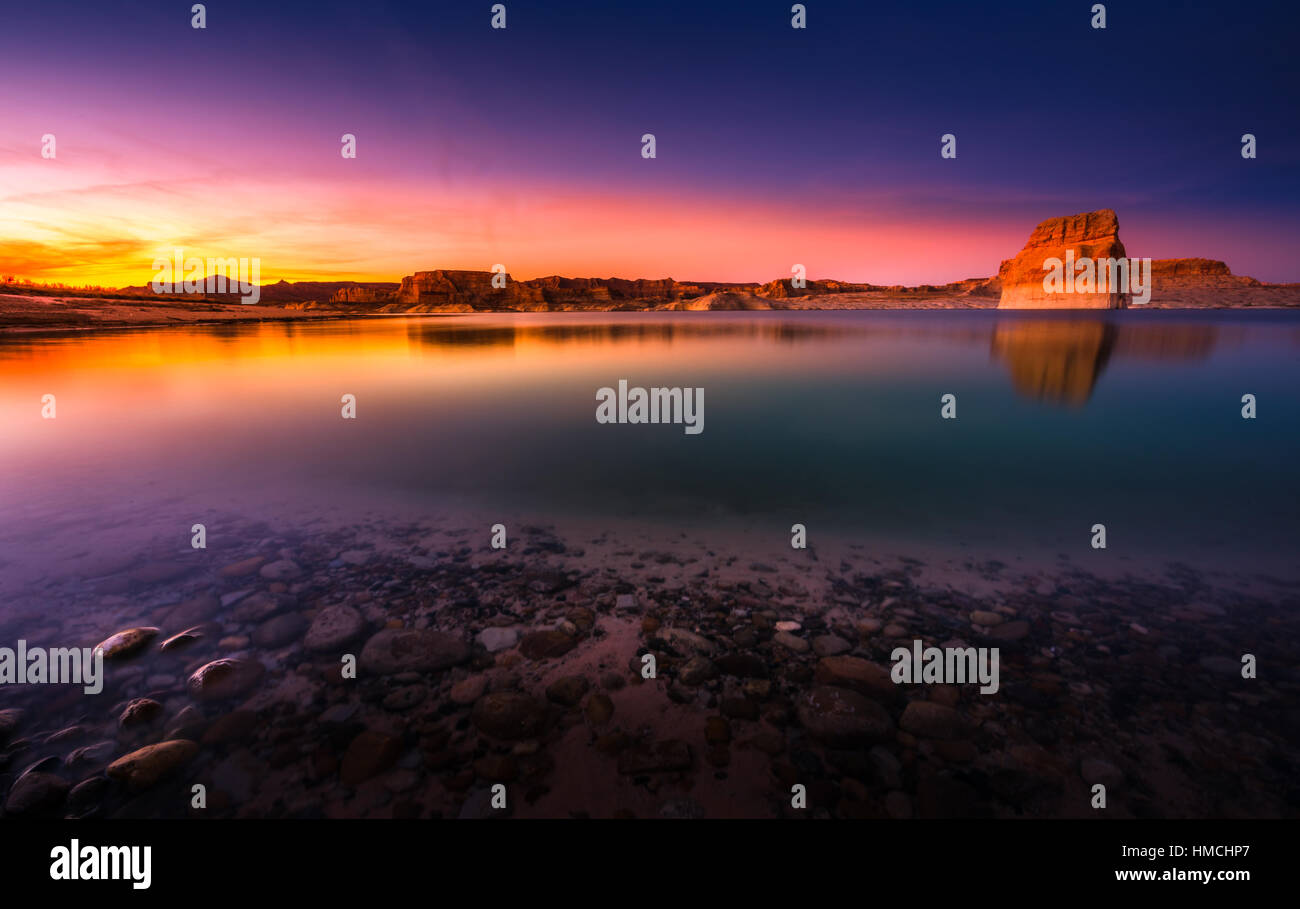 Lone Rock Beach at Sunset Calm Lake Powell Utah United States Stock ...