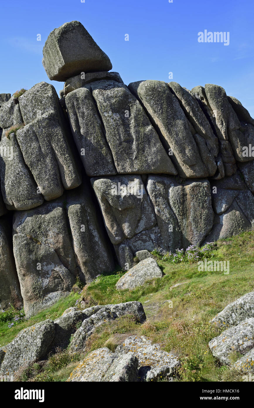 Logan Rock, Treen, Cornwall, precariously balanced on massive blocks of ...