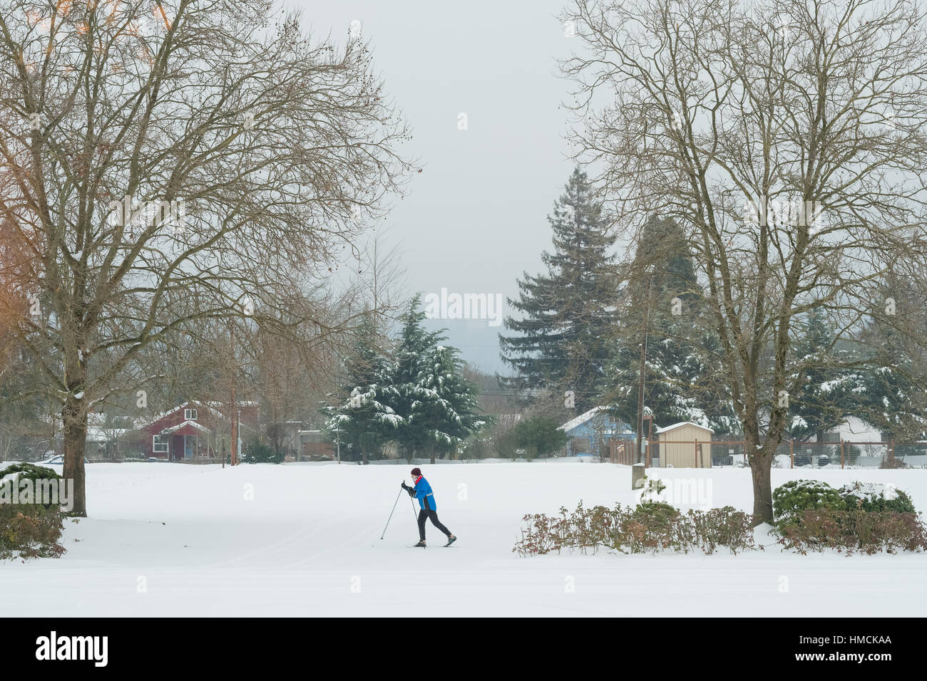 EUGENE, OR - JANUARY 7, 2017: Cross country skier enjoys a massive ...