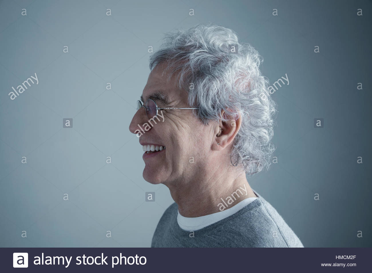Profile Portrait Smiling Caucasian Senior Man With Gray Hair And