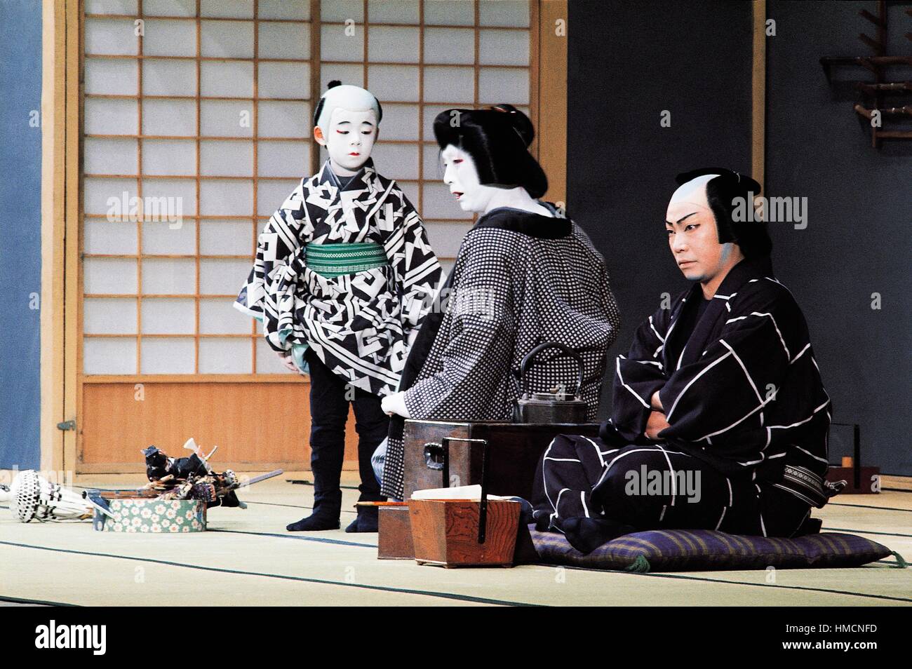 Actors with a child during a Kabuki theatre performance, Japan Stock ...