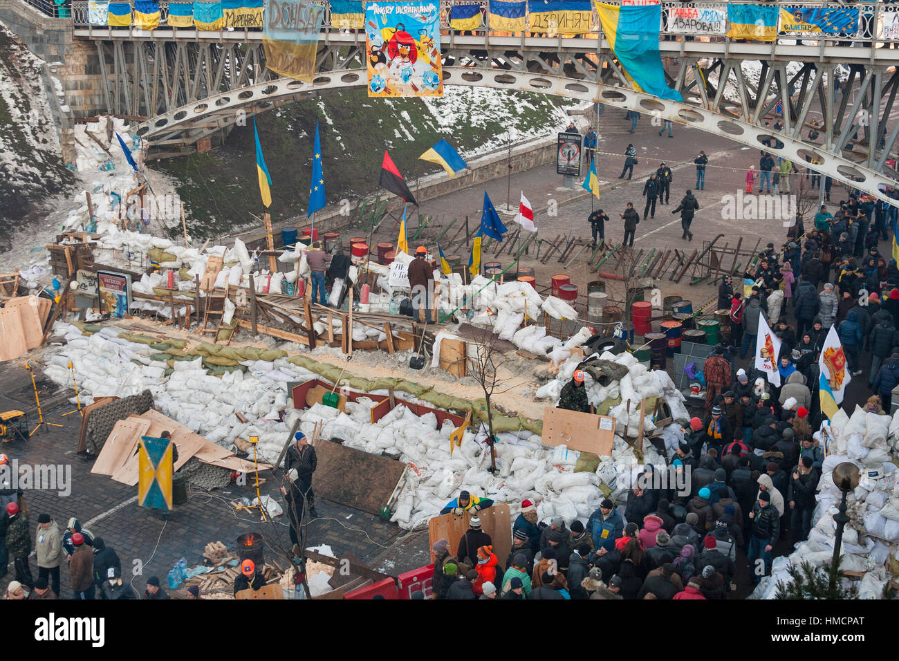 KIEV, UKRAINE - DECEMBER 14: Demonstrators guard EuroMaidan barricades ...