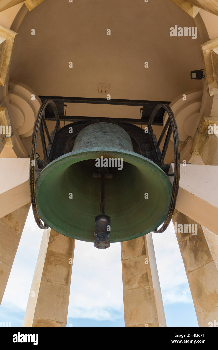 view inside a rotonda in Valetta, Malta, looking up a bronze bell Stock ...