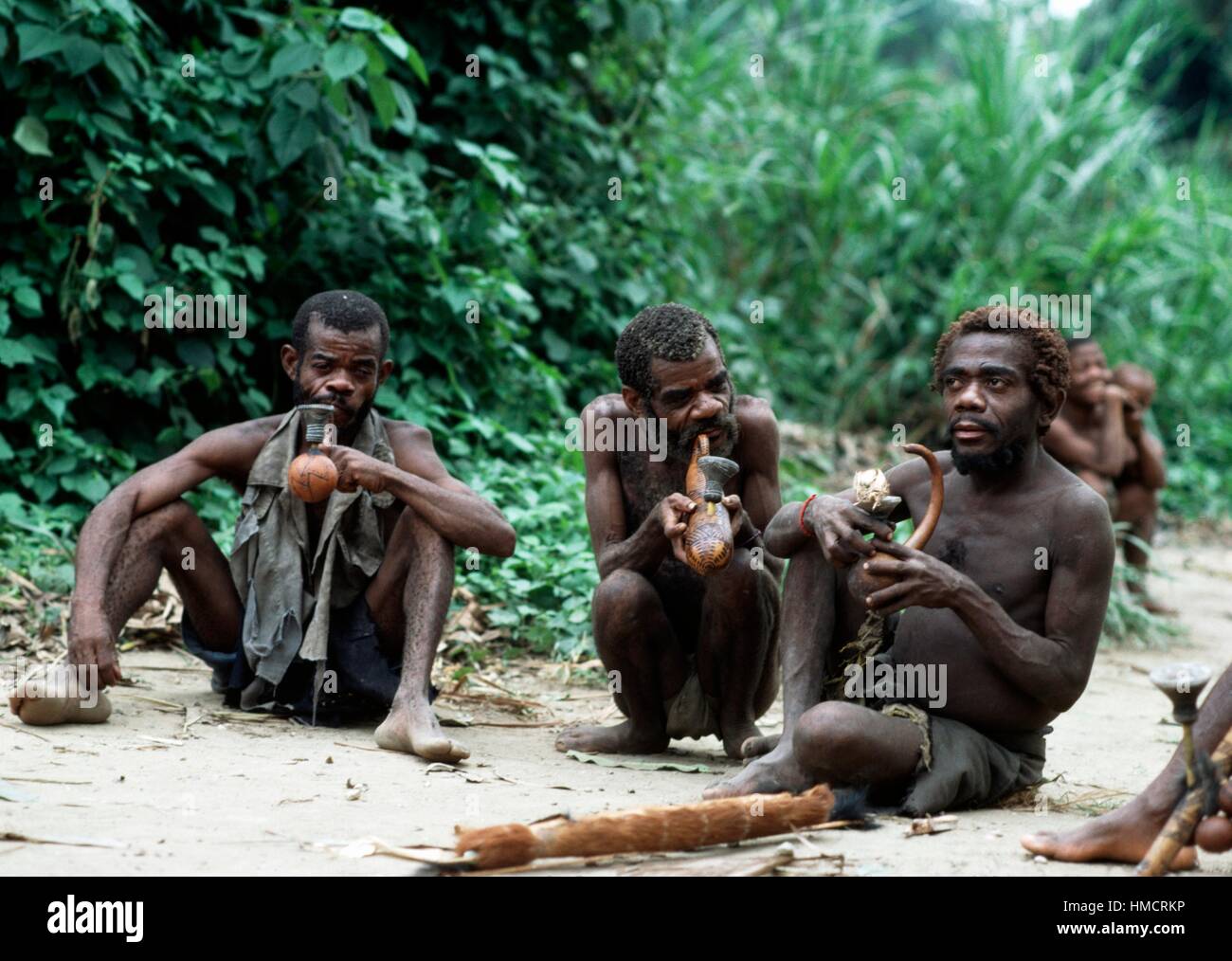 Group of pygmy men smoking marijuana, Uganda Stock Photo - Alamy