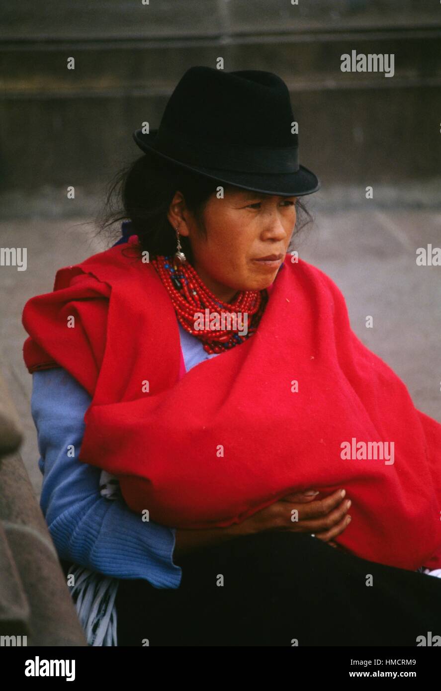 Woman wearing a traditional hat and clothing, Quito, Ecuador Stock ...