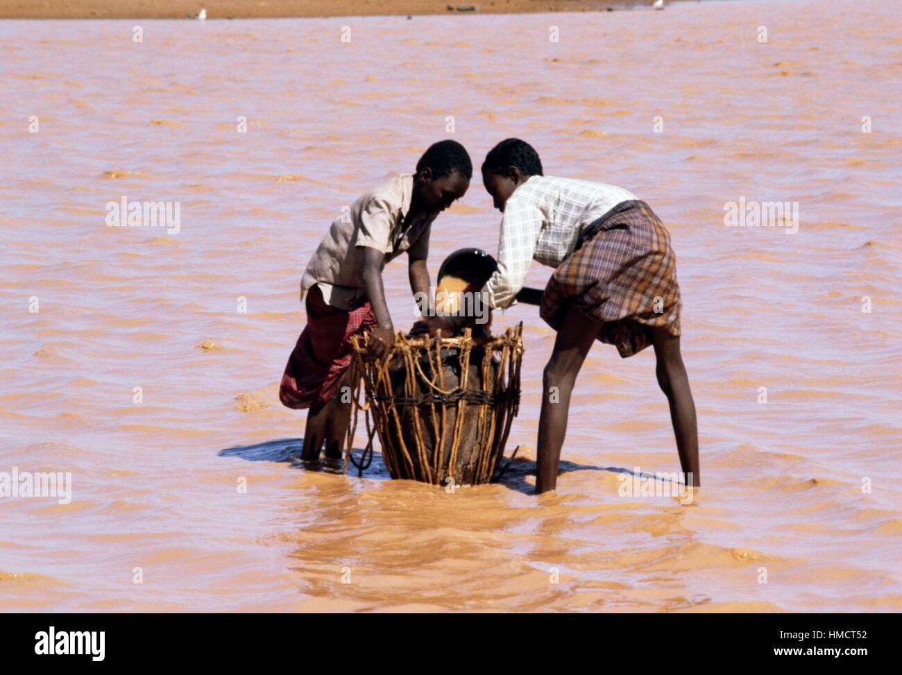 Collecting water to be transported by camel, Somalia Stock Photo - Alamy