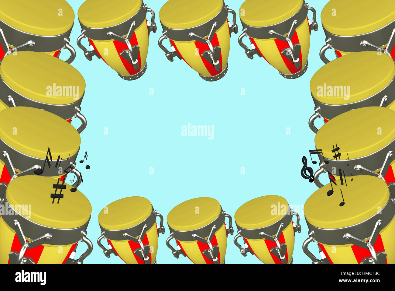 frame illustration made of musical drums and black musical notes coming ...