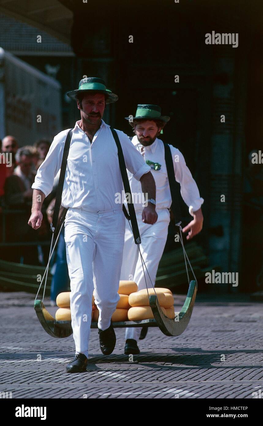 Men carrying cheese wheels, cheese market, Alkmaar, Netherlands Stock ...