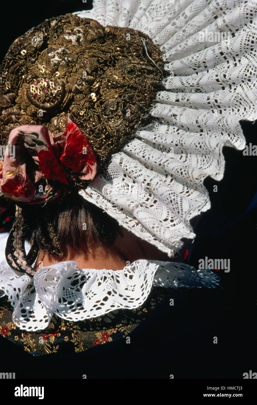 Woman wearing a traditional lace headdress, Alsace-Lorraine-Champagne ...
