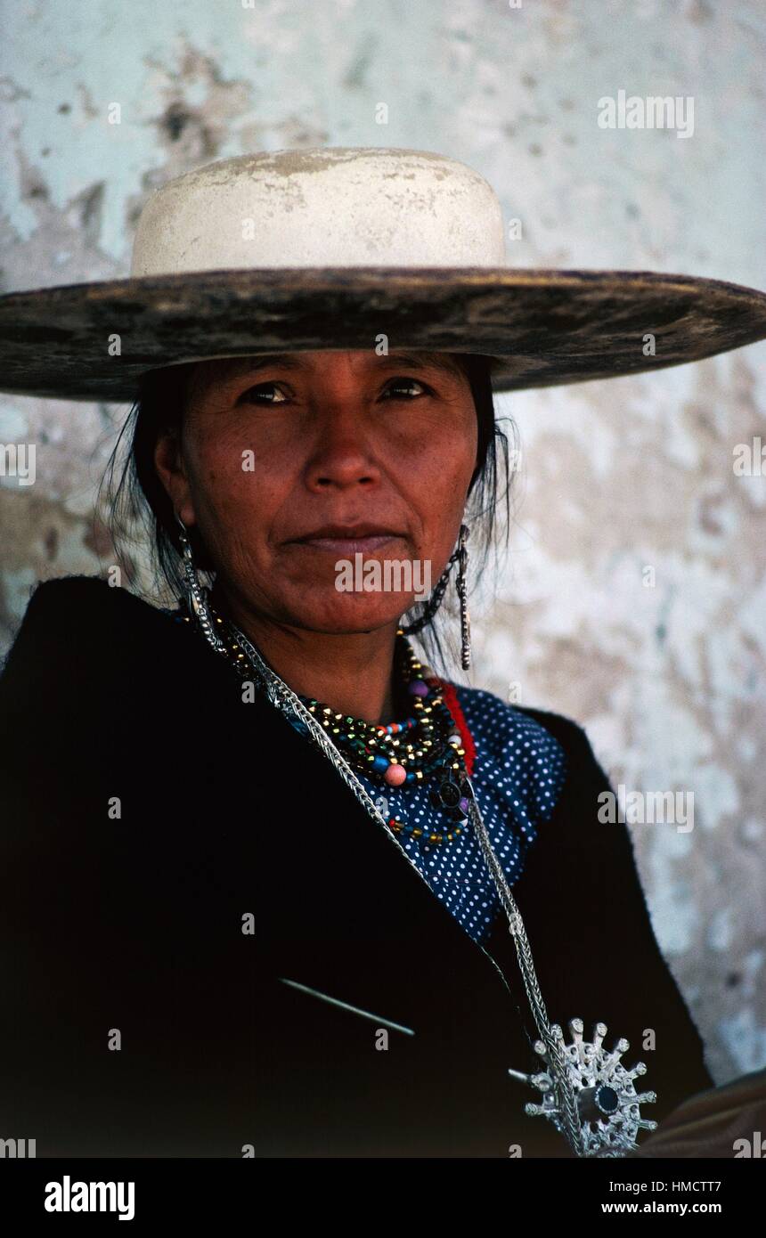 Saraguro woman wearing a traditional hat and clothes, Ecuador Stock ...