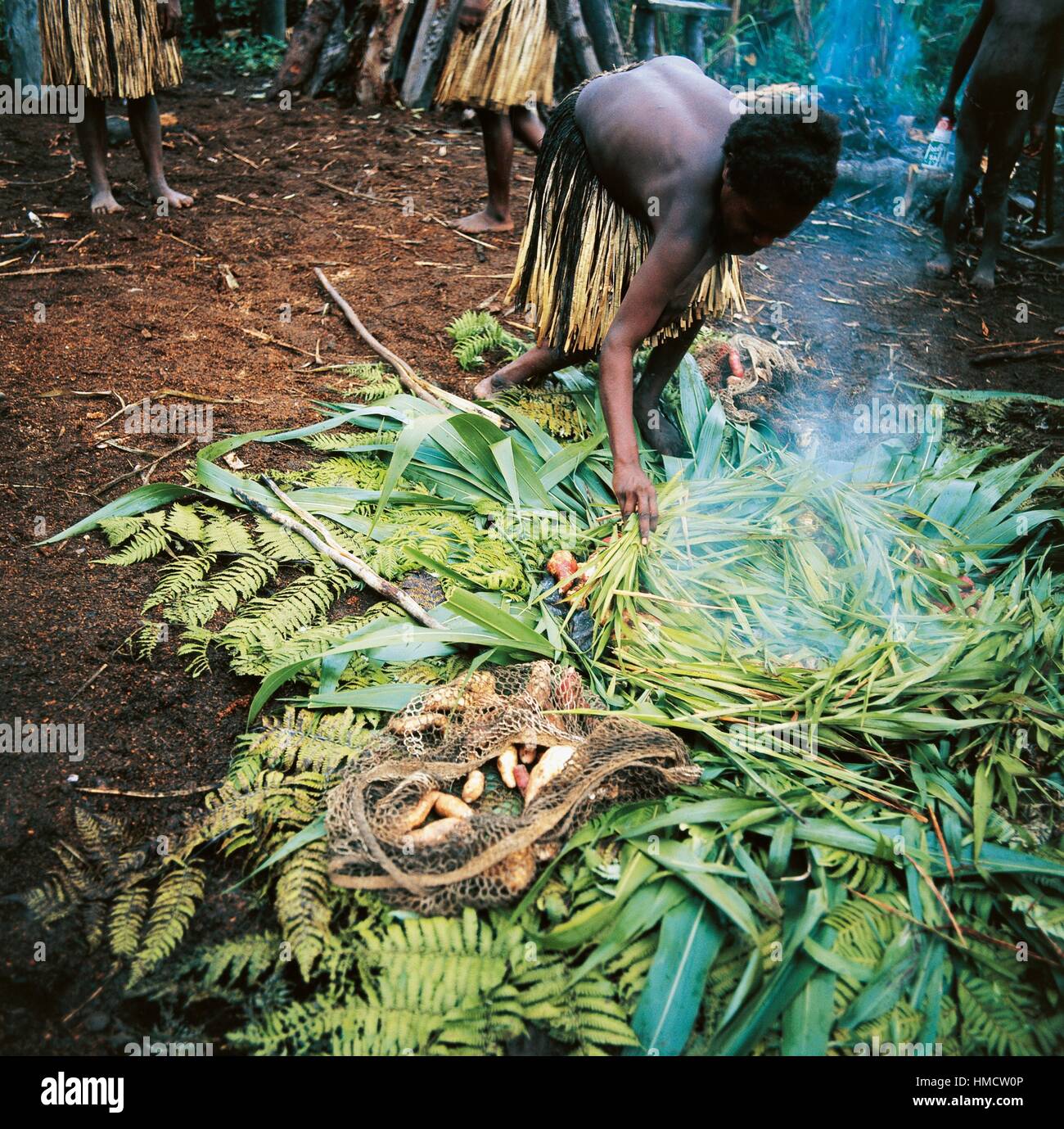 A Dani woman cooking food on leaves, West Papua, Indonesia Stock Photo ...